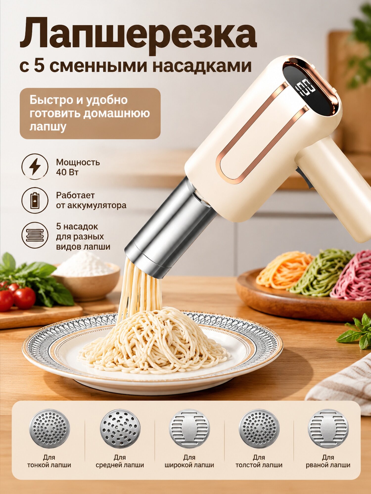 Аккумуляторная лапшерезка с 5 сменными насадками, 40 Вт