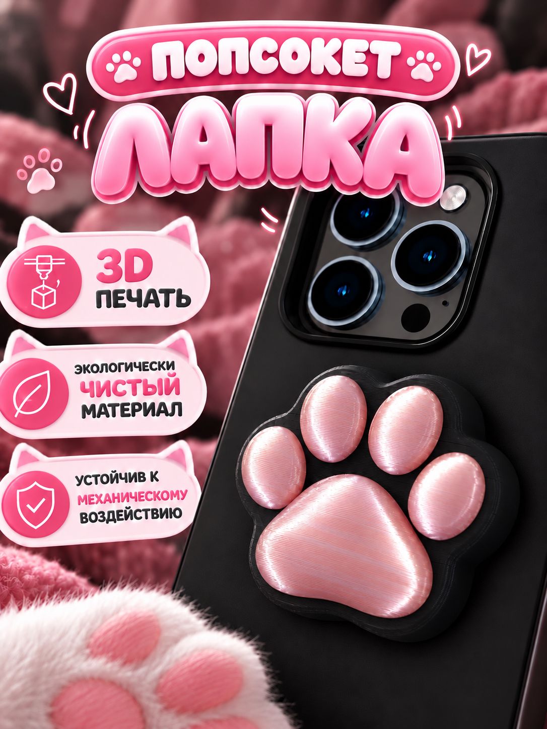 Попсокет для телефона Лапка котика