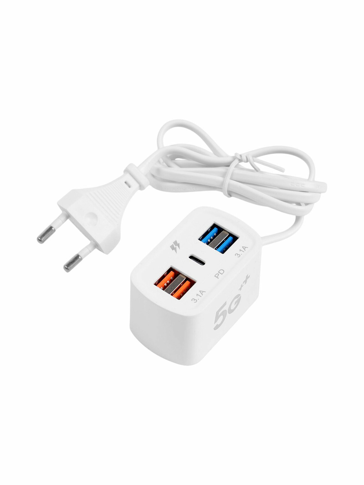 Удлинитель, 4 USB-порта, Type-C-порт, кабели Type-C, Lightning, кабель 1 метр