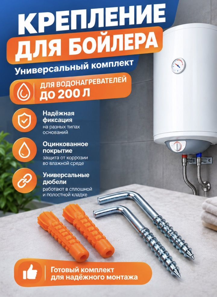 Крепление для водонагревателя до 200 л на стену, кронштейн для бойлера универсальный, шуруп-костыль 10х100 мм с дюбелем, 2 шт.
