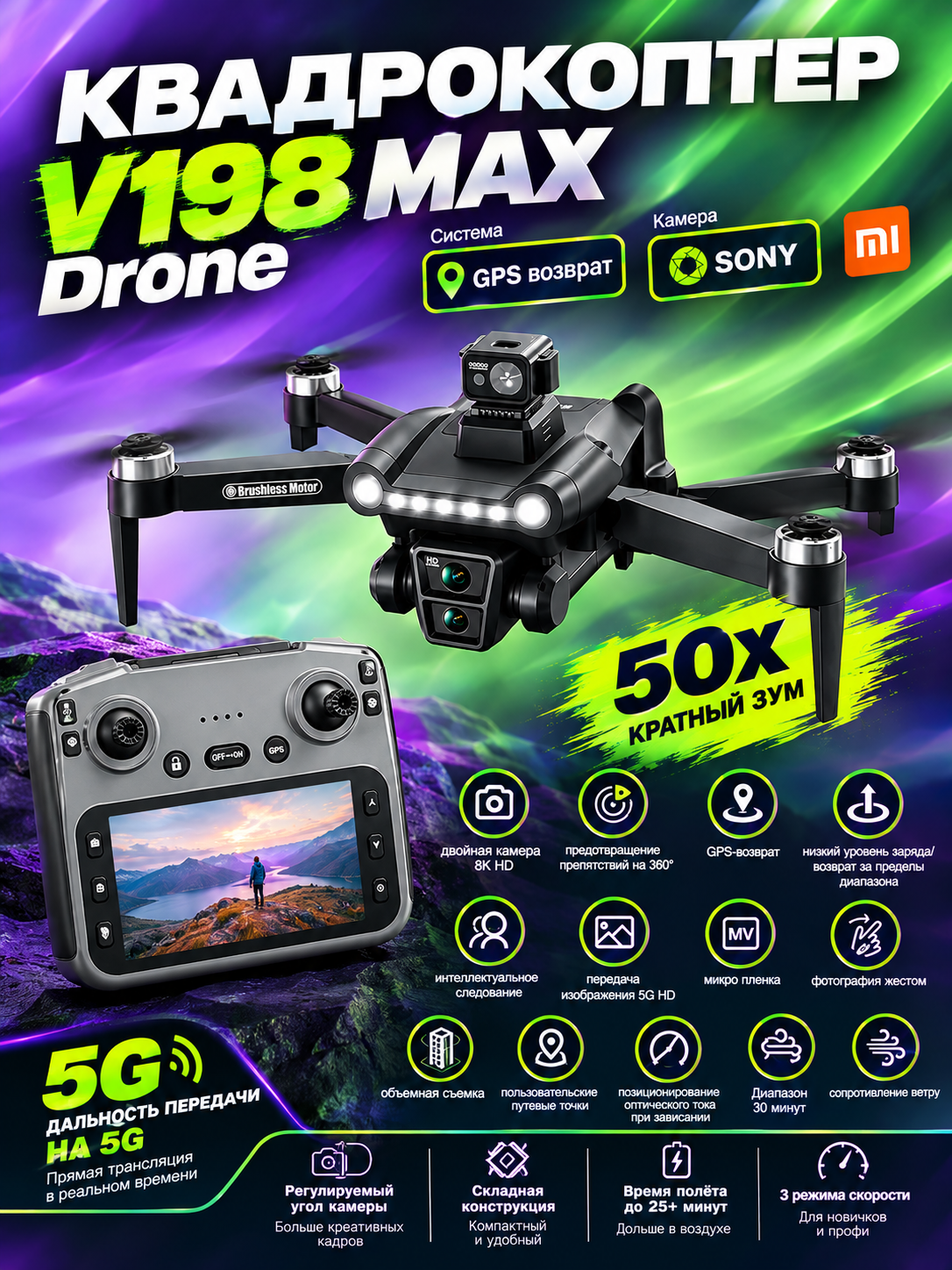 Квадрокоптер V198 пульт экраном GPS радар от препятствий камера SONY 8K/2K