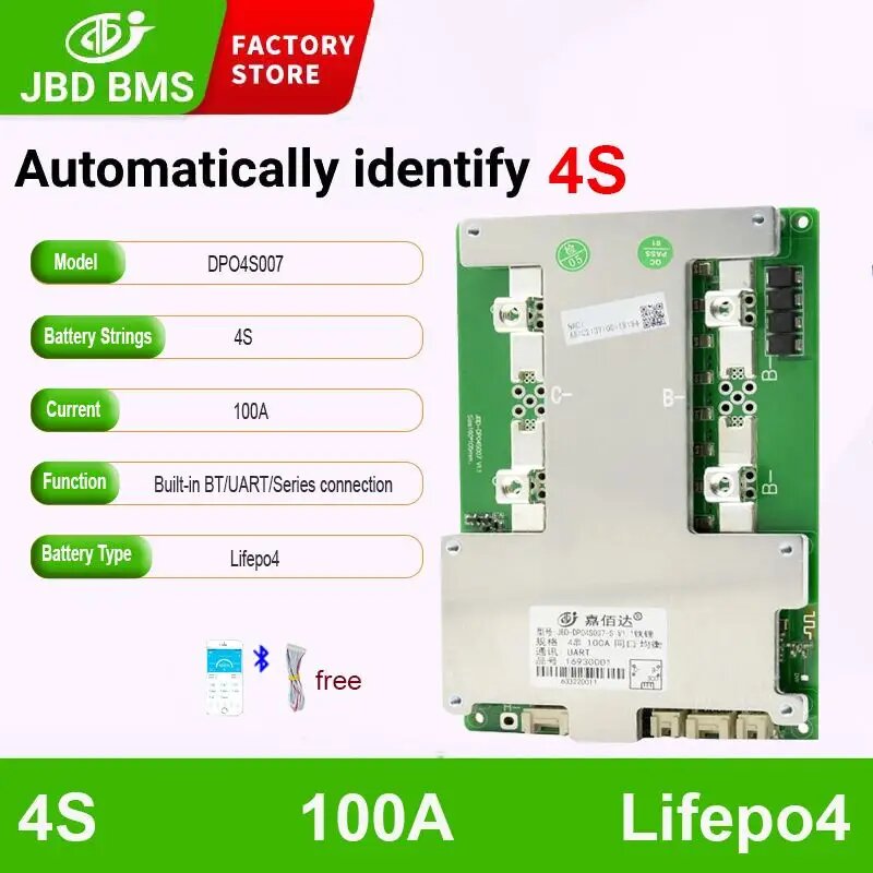 JBD BMS LIfepo4 100A 3-4S 12V Поддержка непрерывного тока 100A Встроенный Bluetooth с функцией балансировки UART