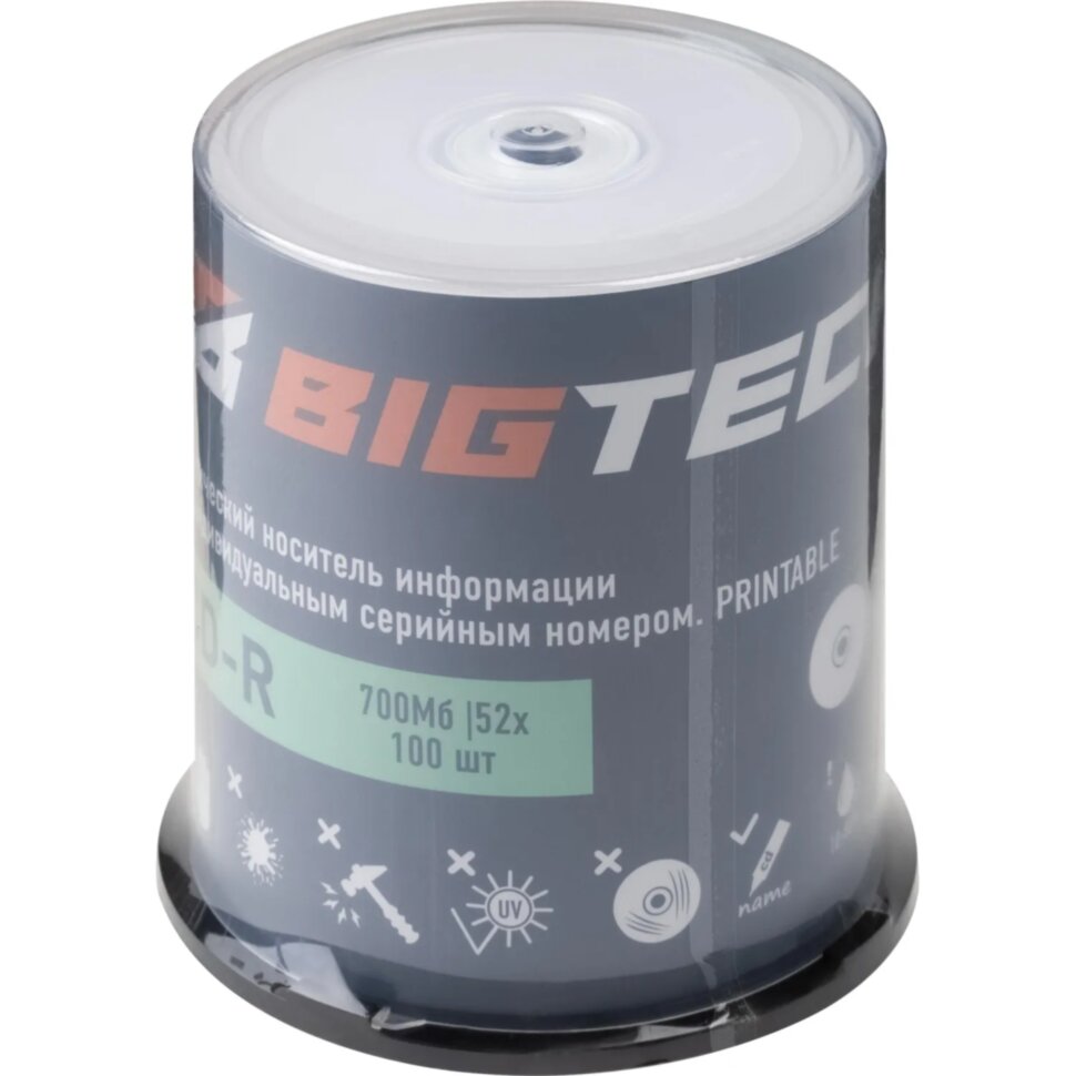 Диск CD-R BigTech 700 МБ 52x cake box YCDRP001 100 штук в упаковке, 1953097