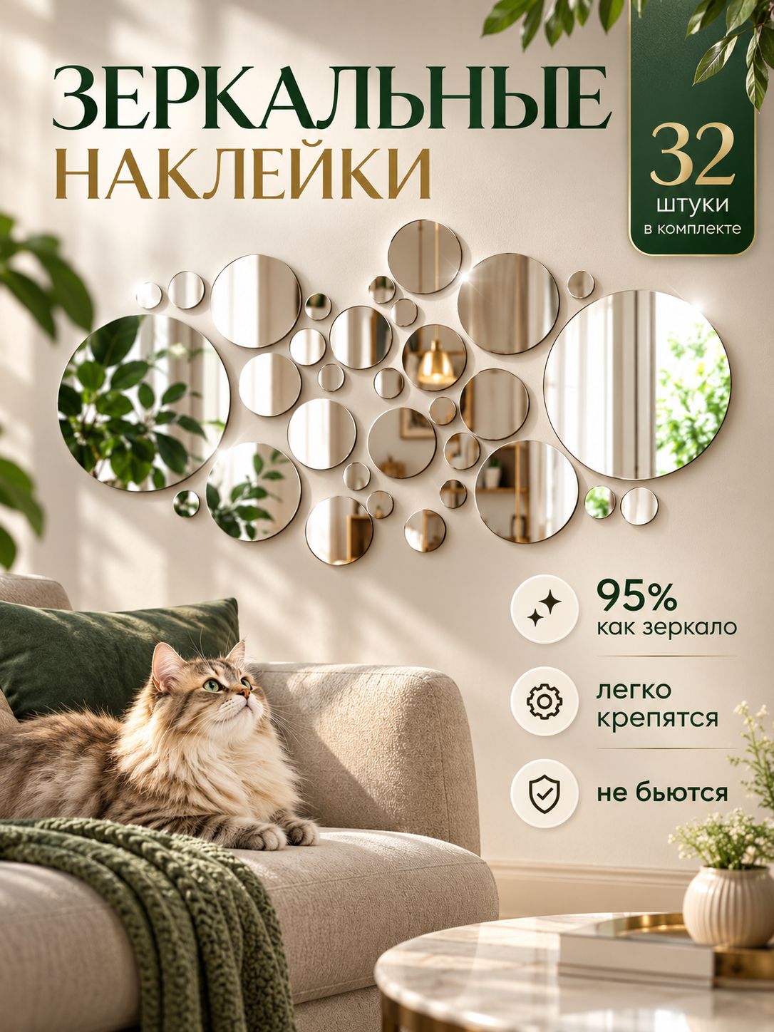 Зеркальная самоклеящаяся интерьерная наклейка большие Круги
