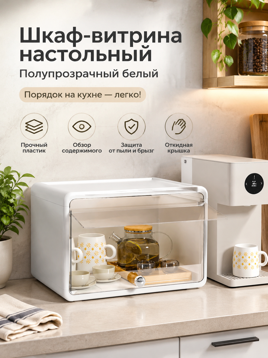 Шкаф-витрина настольный, полупрозрачный белый, откидная крышка, 1 ярус, для кухни
