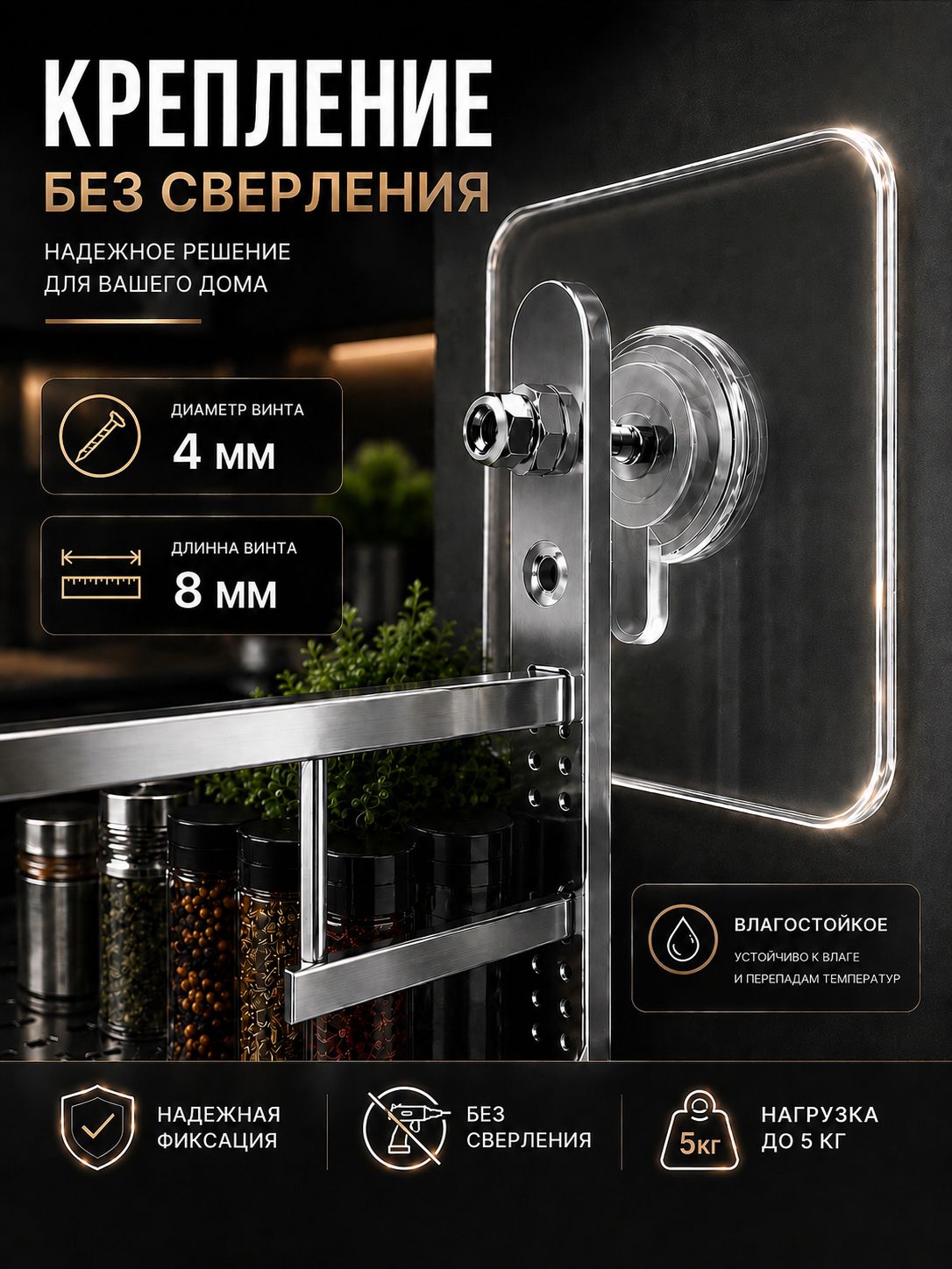 08мм-6шт - Винт самоклеющийся для кухни. для рейлингов, крючков, полок, корзин. Крепление без сверления. Легкий монтаж.