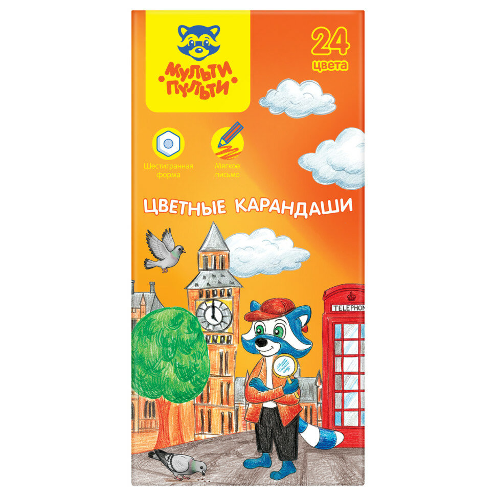Карандаши цветные Мульти-Пульти "Енот в Англии", 24 цв, шестигран, заточен, картон, европодвес, термоусадка, 389452