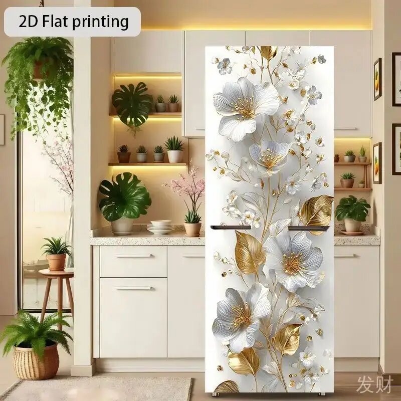 Наклейки на холодильник Белые орхидеи с золотыми листьями 58*180CM Эти ПВХ наклейки на стену самоклеящиеся, водонепроницаемые и устойчивые к царапинам