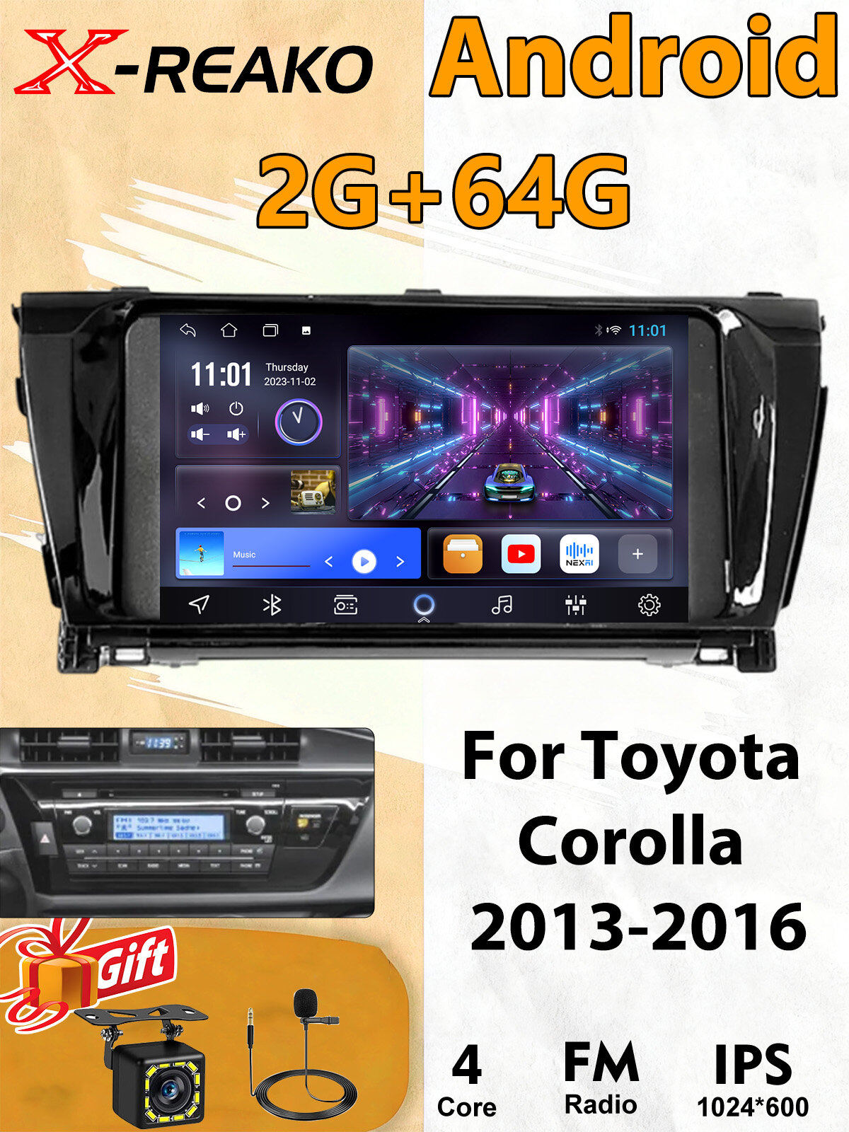 Магнитола для Toyota Corolla 2013-2016 экран 9 дюймов Андроид wifi Bluetooth GPS