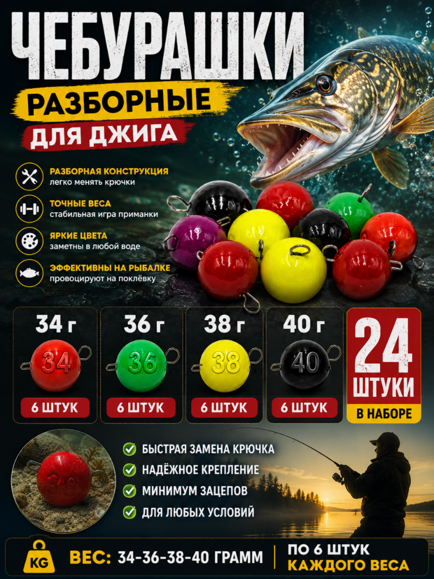 Набор грузил для рыбалки чебурашка крашенная 34-40 гр.24 штуки