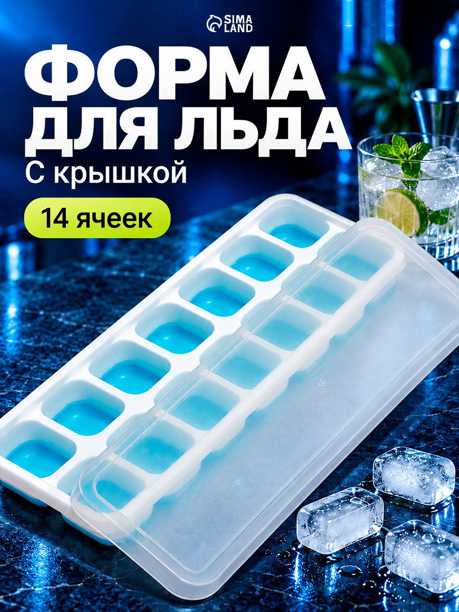 Форма с крышкой Доляна, пластик, 25×9.5×2.5 см, 14 ячеек (4×3×2 см), голубая