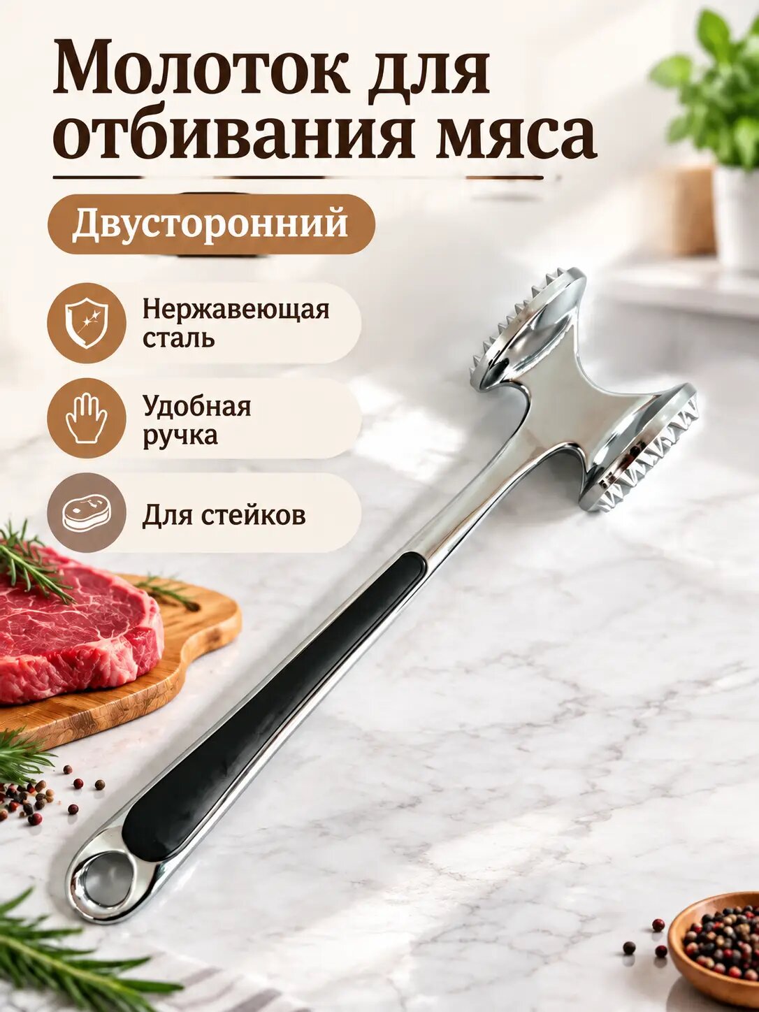 Кухонный молоток для мяса из цинкового сплава серебристого цвета модель 821 с крючком для хранения и двусторонней рабочей поверхностью с шипами вес 17