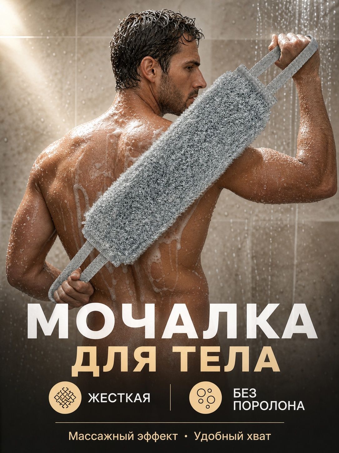 Мочалка для душа и тела с ручками жесткая банная серая массажная