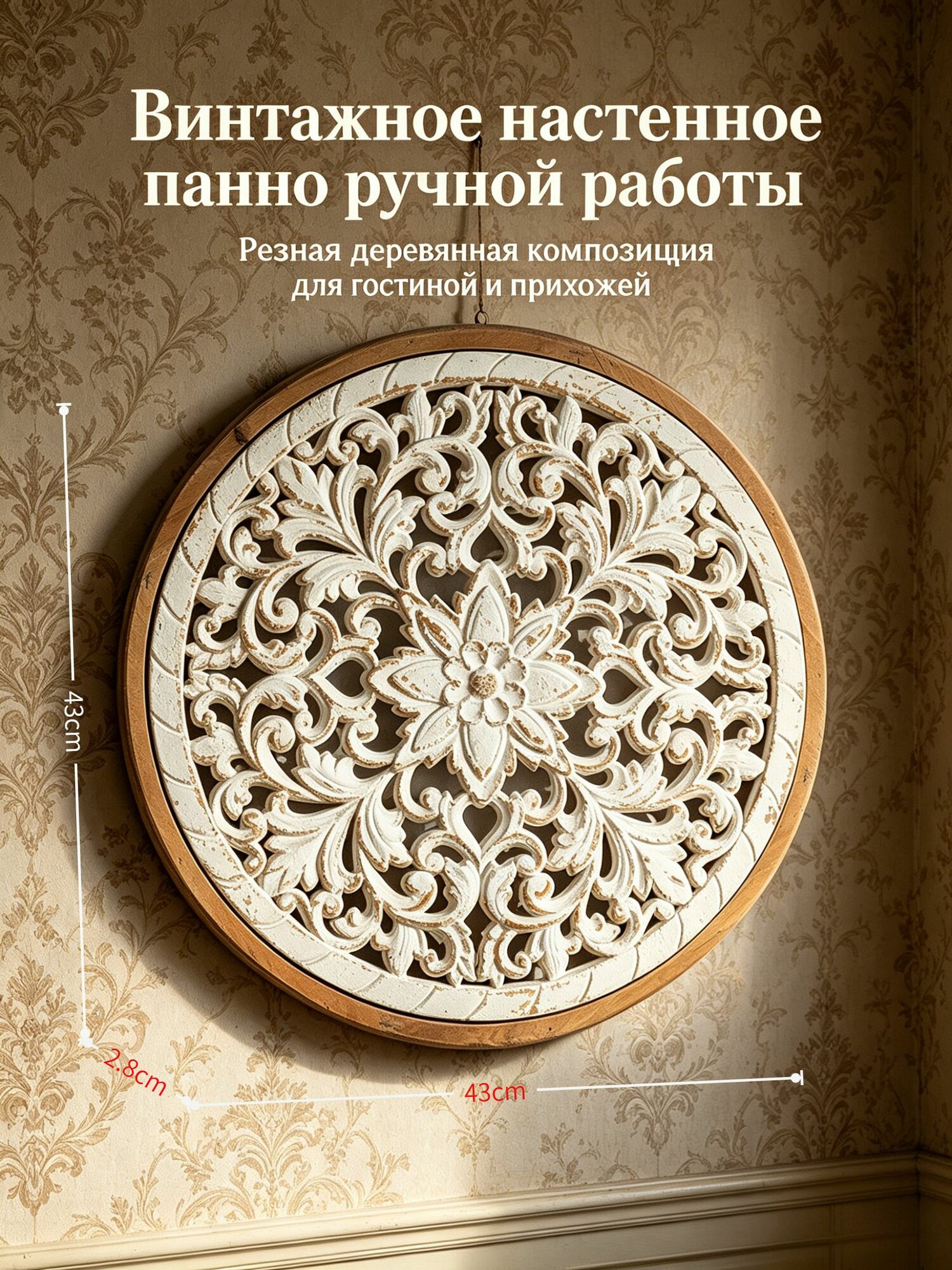 Винтажное настенное панно ручной работы Резная деревянная композиция для гостиной и прихожей,43*43cm