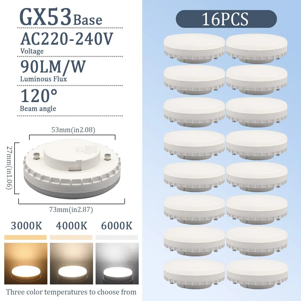 Светодиодная лампа-спот GX53 5-15 Вт матовый белый холодный свет 16PCS, Warm white 3000K, 9w