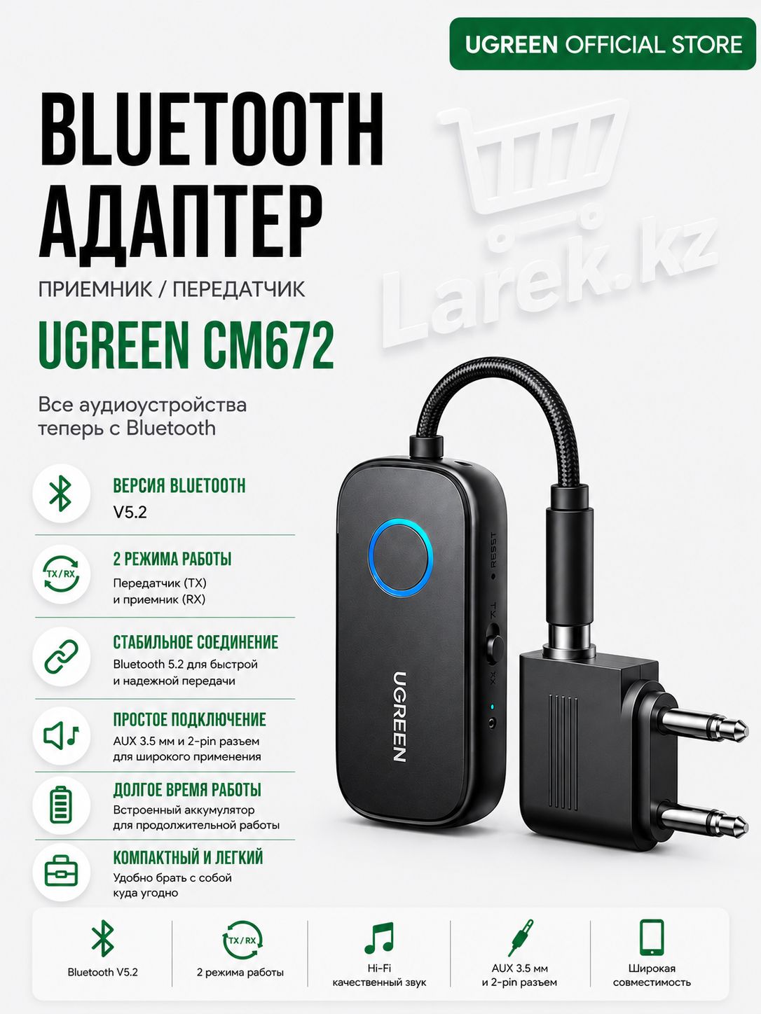 Адаптер Bluetooth приемник/передатчик UGREEN CM672 (35222A) Audio Receiver/Transmitter