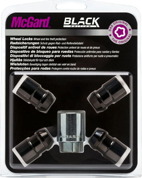 Гайки-секретки McGard 24138SUB резьба 1/2 , длина L37mm, ключ S19mm, конус, черные, без вращающегося кольца, 4 гайки 1 ключ