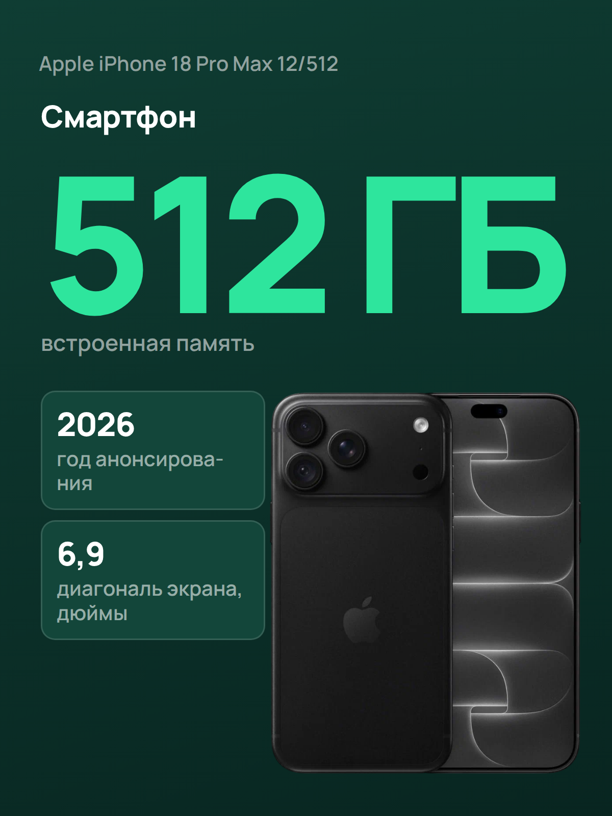 Смартфон Apple iPhone 18 Pro Max 512 ГБ черный, 12 ГБ ОЗУ, eSIM, OLED 6,9 дюйма, 5G