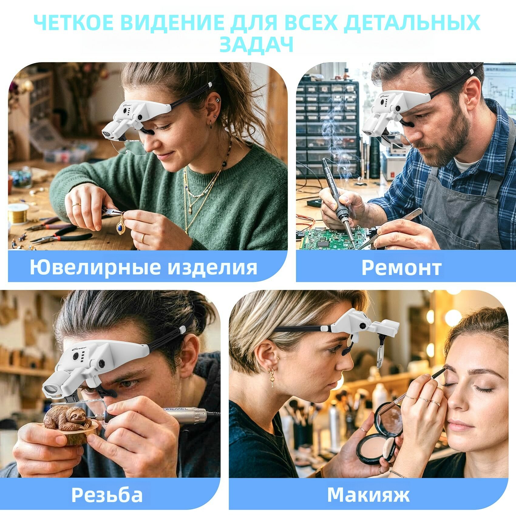 Лупа с подсветкой и увеличением от 1x до 4x, перезаряжаемая модель с магнитным креплением
