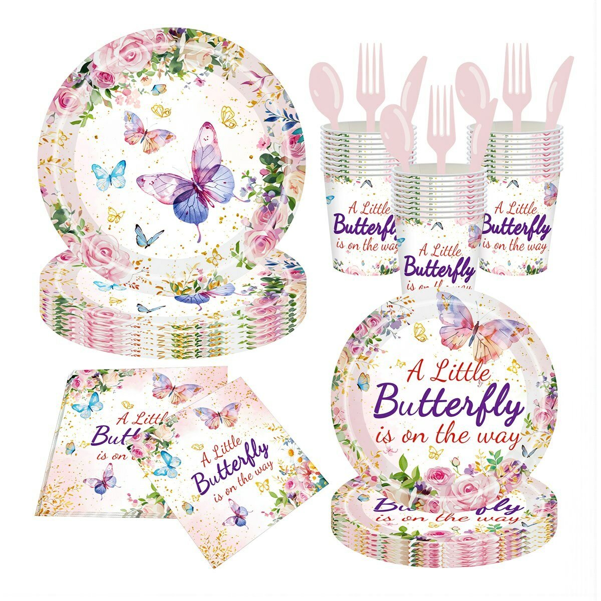 Красивый набор одноразовой бумажной посуды с принтом бабочек для приёма гостей на детский душ домашней вечеринке