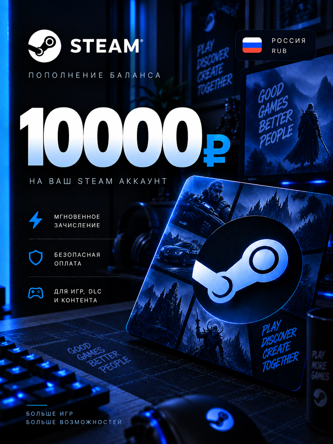 Пополнение баланса Steam на 10000 рублей — регион Россия, по логину