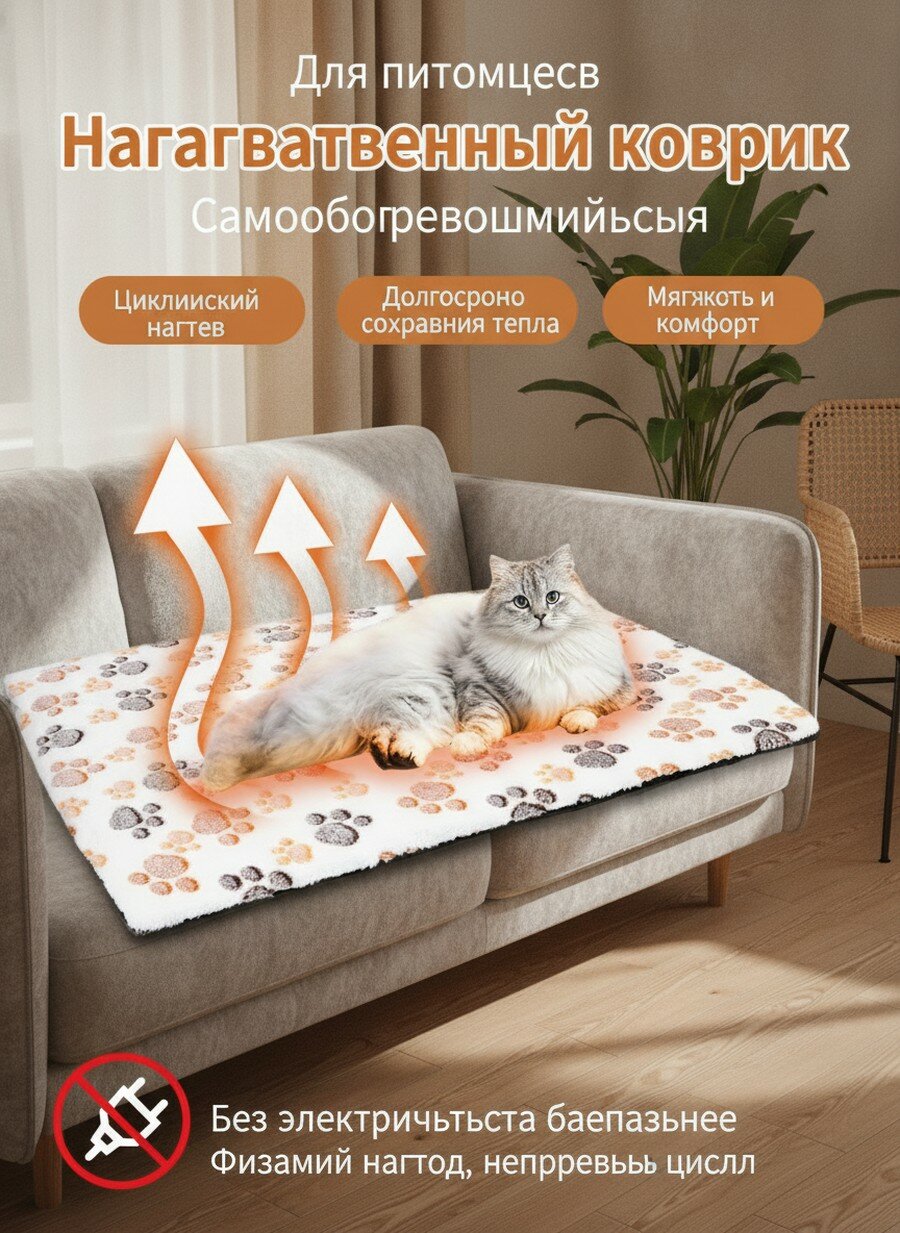 Самонагревающаяся подстилка для кошек и собак, белый след, 60x90 см, Теплая лежанка на зиму, Можно стирать