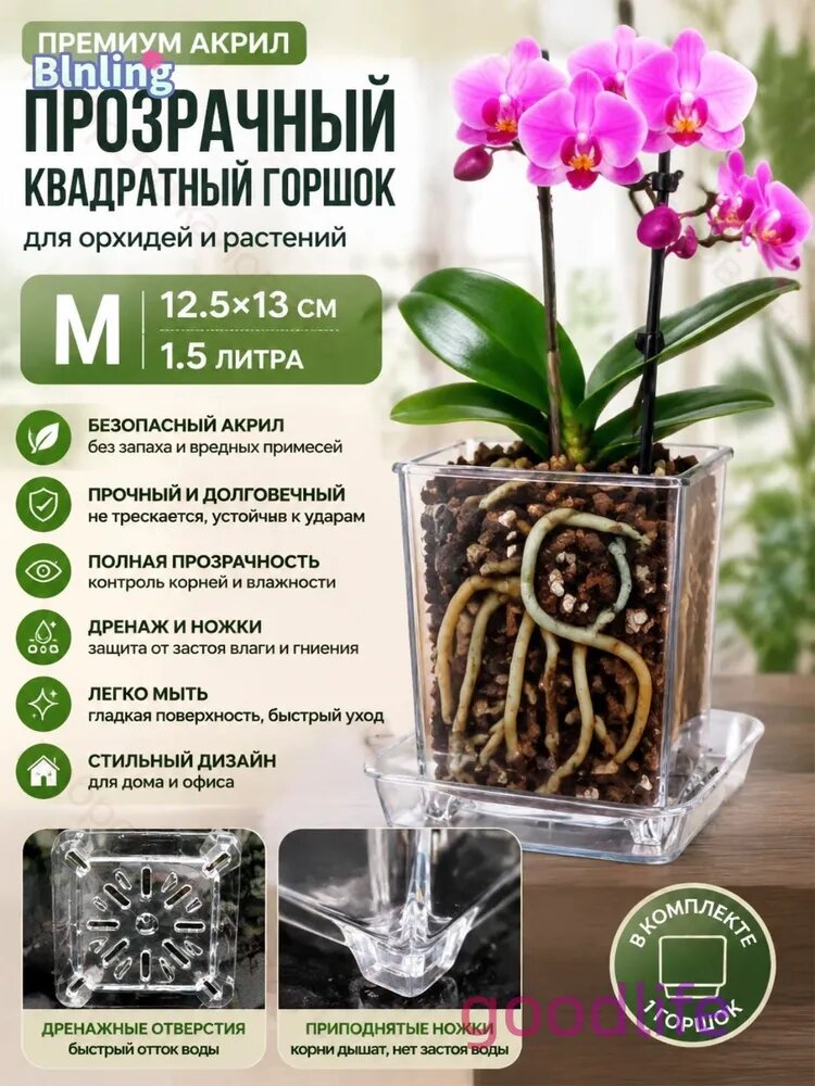 Вазон 1.5 л, 1 шт, цвет прозрачный