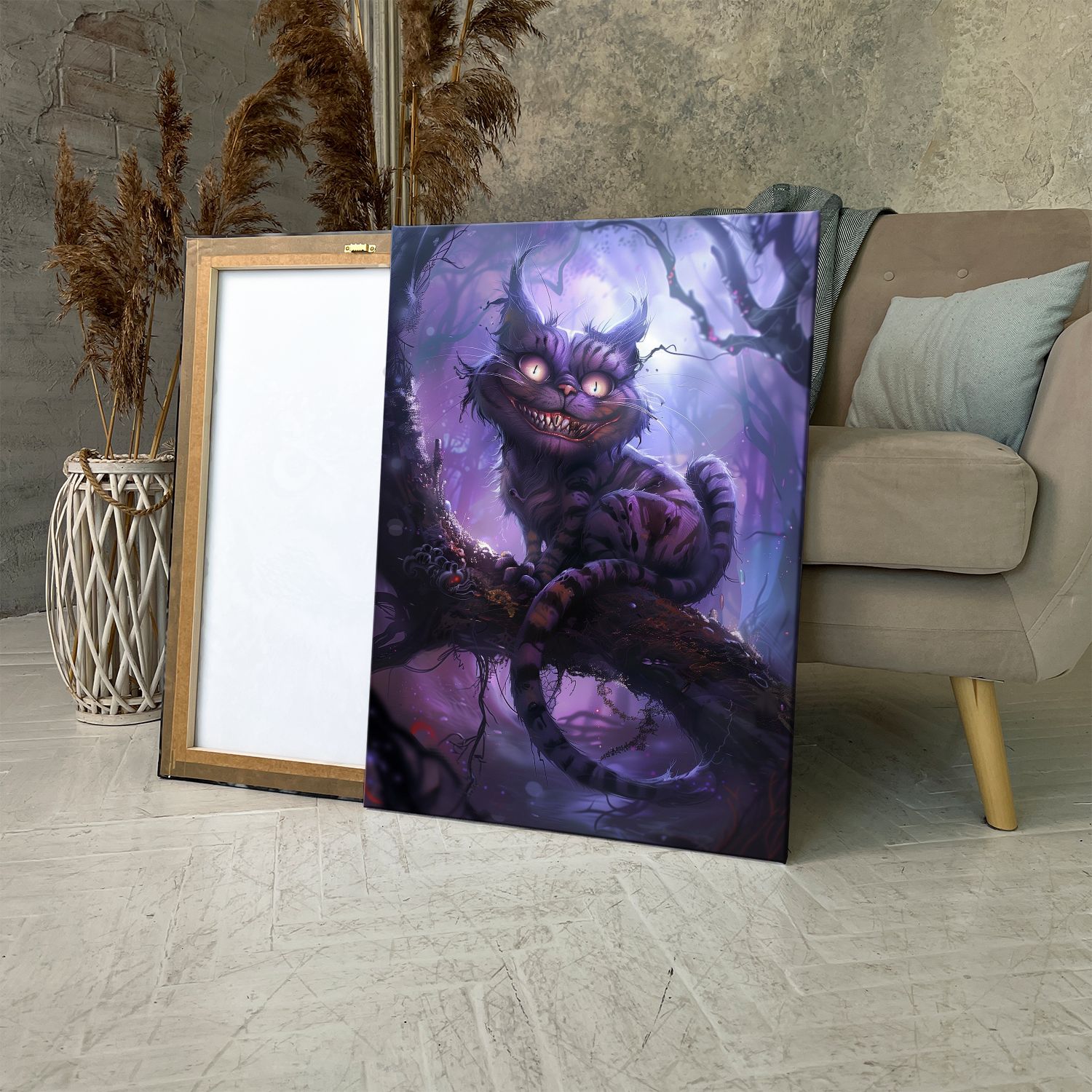 Картина на холсте (Чеширский кот на дереве) 20x30 см. Интерьерная, на стену.