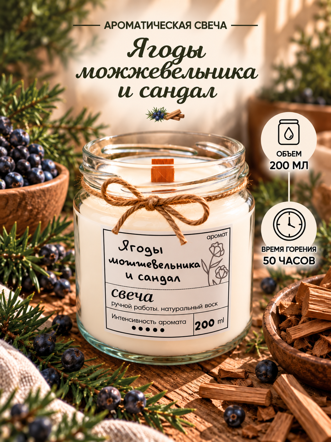 Ароматическая свеча "Ягоды можжевельника и сандал" с деревянным фитилем 200 мл большая