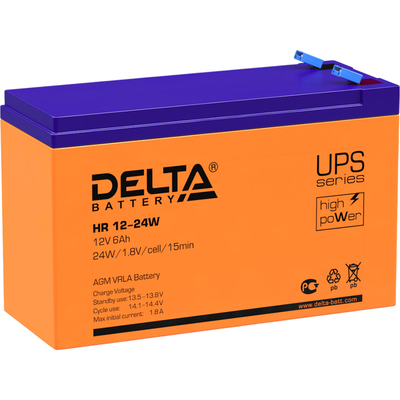 Батарея для ИБП Delta HR 12-24 W, 12 В, 6 А·ч, клеммы F2 (под клемму 250), срок службы 8 лет HR12-24W