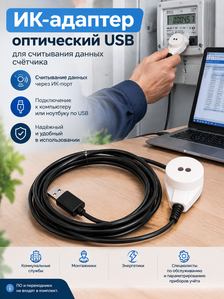 ИК-адаптер оптический USB для считывания данных счётчика, чёрный кабель с разъёмом