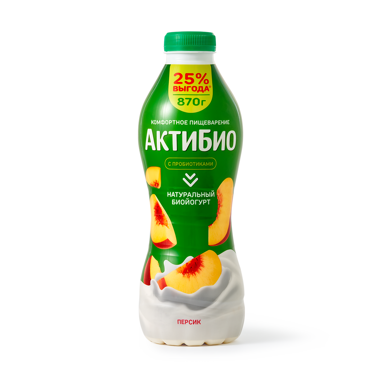 Биойогурт АктиБио Персик, питьевой, 1,5% жирности, пластиковая бутылка, 870 г