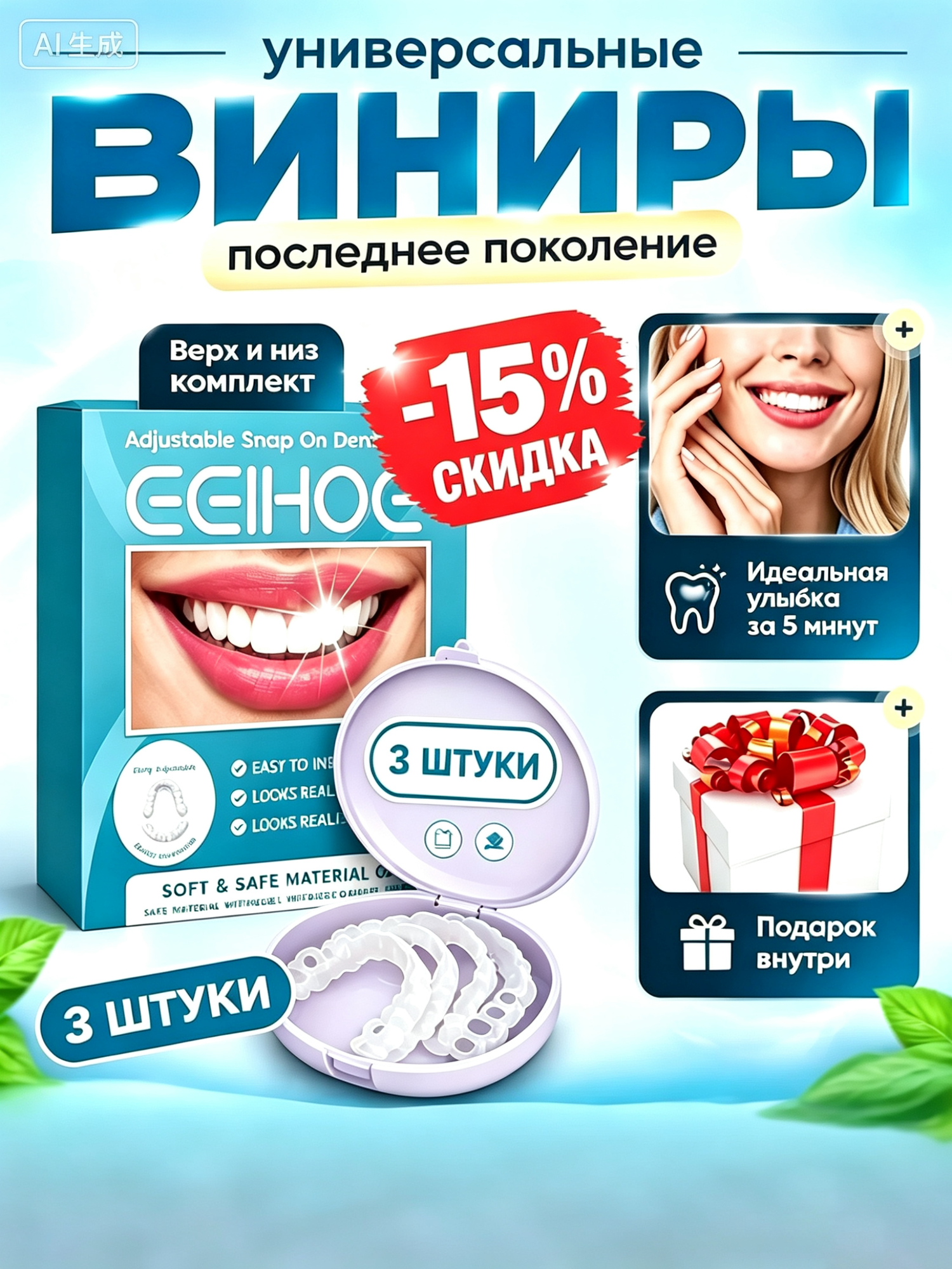 Универсальные виниры для зубов, готовые съемные зубные протезы, накладные зубы，3 штуки
