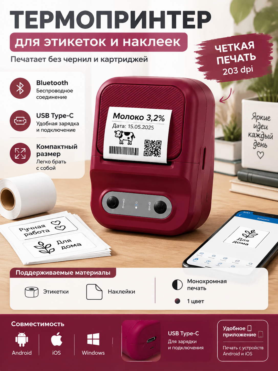 Термопринтер для этикеток и наклеек, Bluetooth, 203 dpi, USB Type-C, бордовый