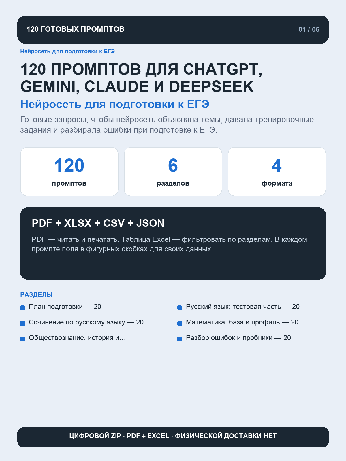 Нейросеть для подготовки к ЕГЭ: 120 промптов для тренировки заданий, сочинения и разбора ошибок, цифровая книга PDF A4