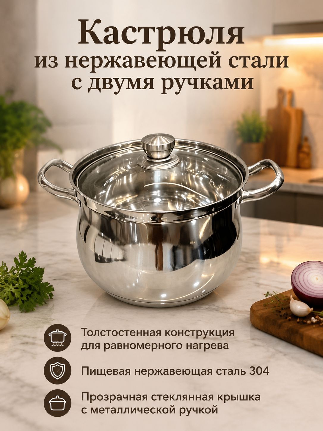 Кастрюля из нержавеющей стали с крышкой, 26 см, для супа и тушения, универсальная для всех плит