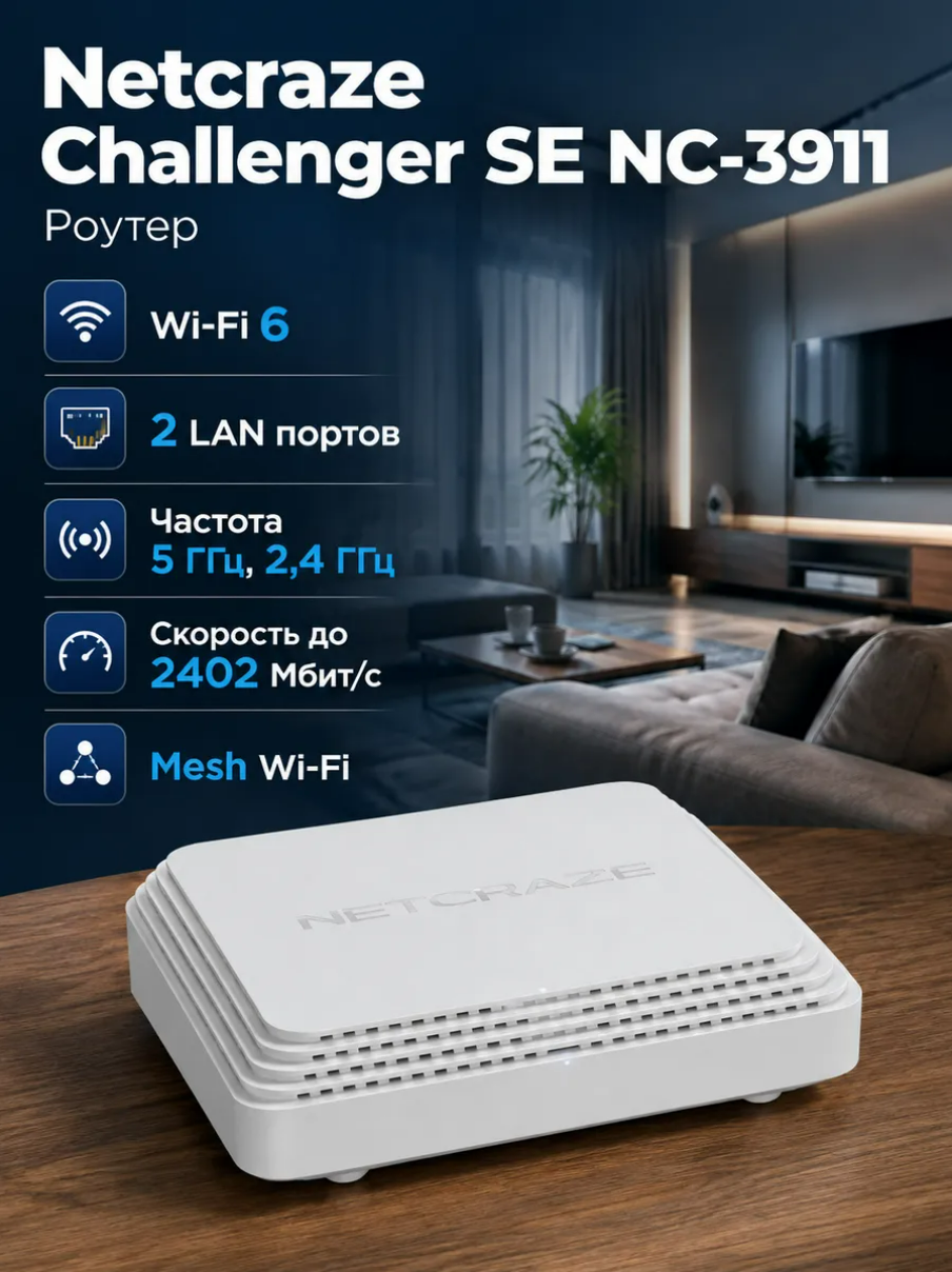 Wi-Fi роутер Netcraze (Keenetic) Challenger SE NC-3911, двухдапазонный, Mesh, белый