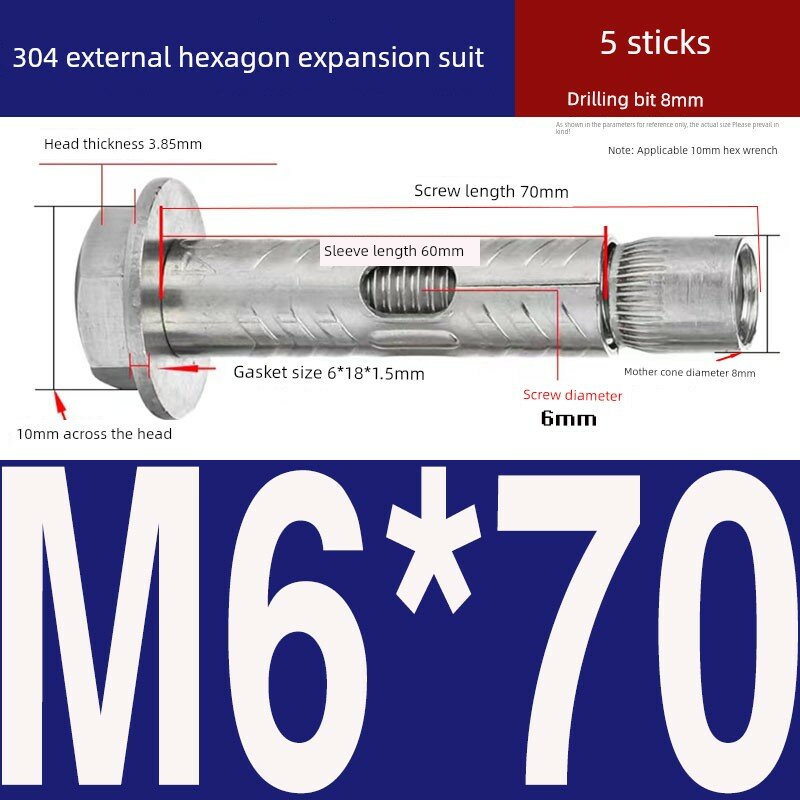 304 нержавеющая сталь распорный болт M6 x 70 мм, 5 штук для крепления к стене, долговечная строительная фурнитура