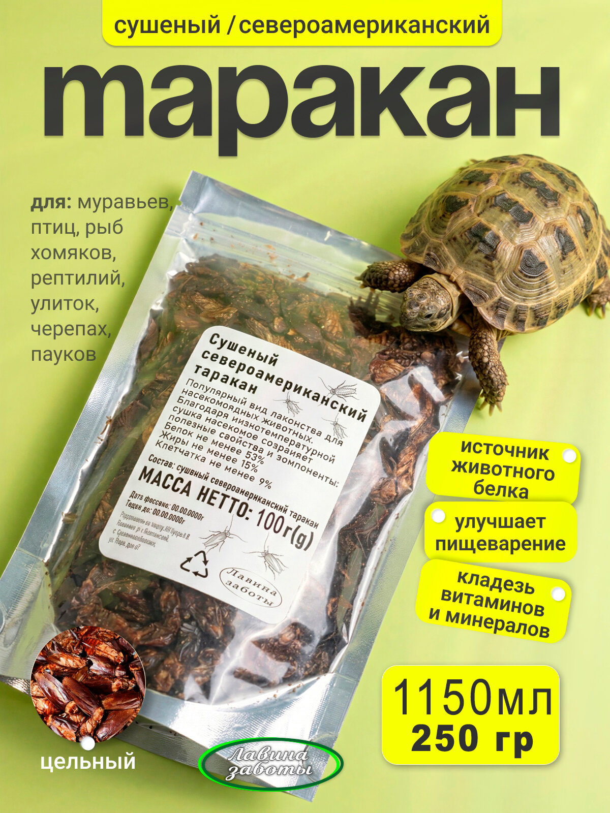 Таракан сушеный для насекомоядных животных, 250 грамм