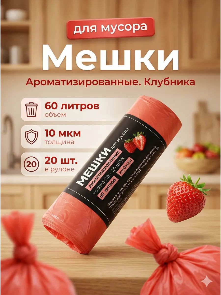 Пакеты для мусора, 60 л, 20 шт, ароматизированные, клубника (мусорные мешки 60 литров ароматизированные)