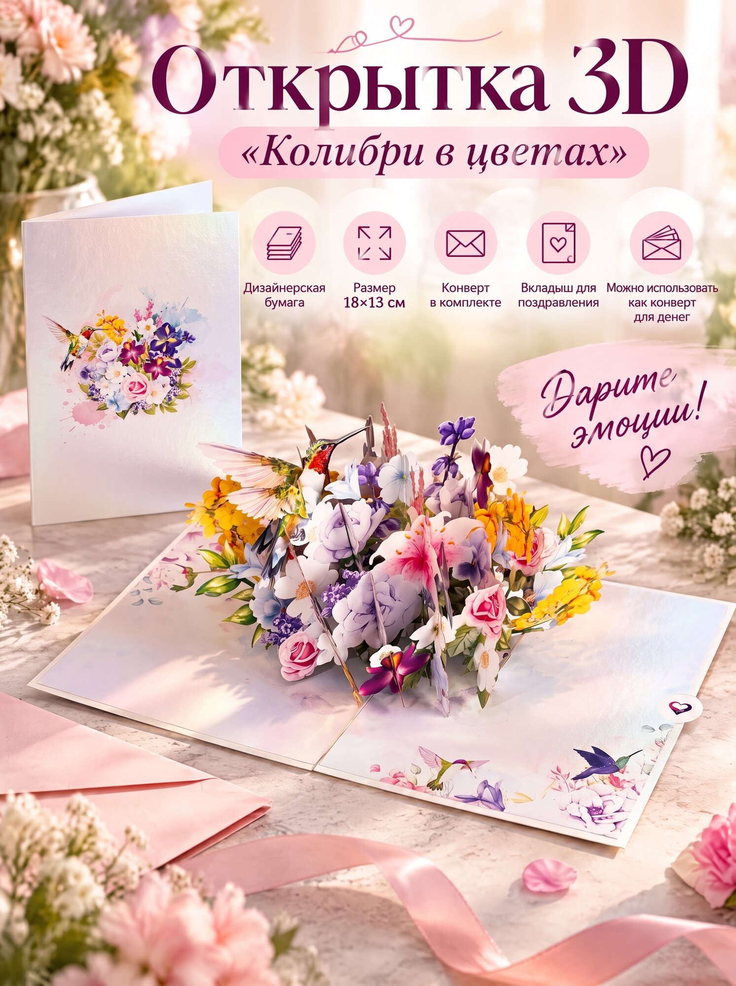 Открытка объемная Soulmate "Колибри и цветы", поздравительная, 3D, 13x18 см