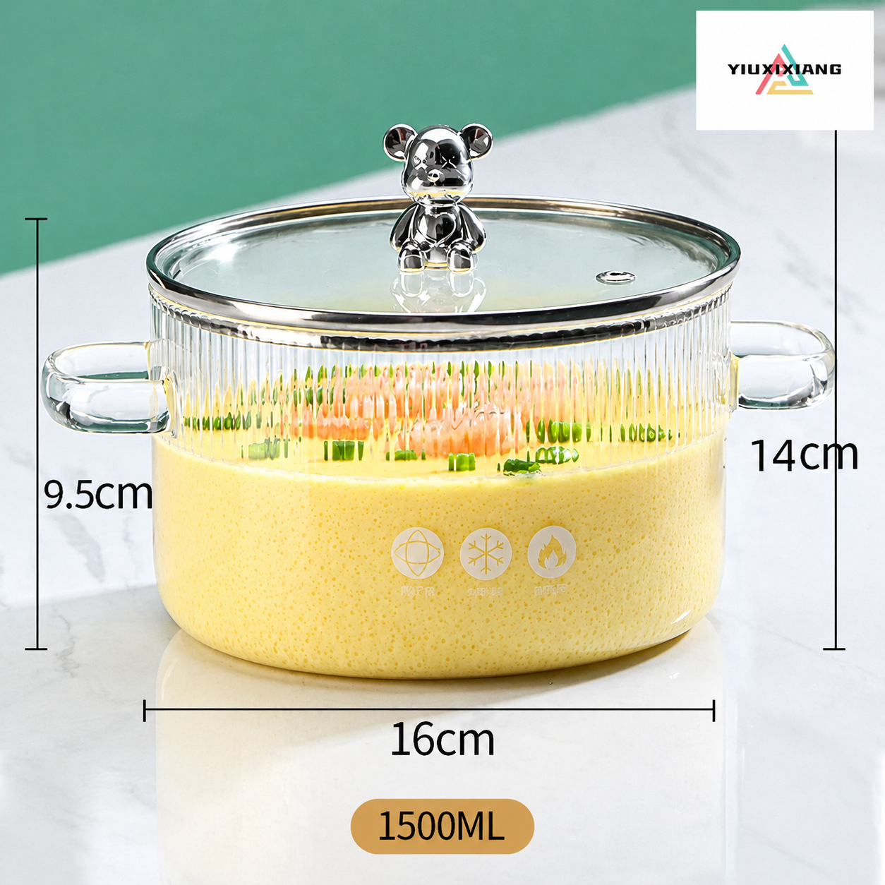 Кастрюля стеклянная с мишкой, 1.5 л, боросиликатное стекло, утолщенное дно, два ручки