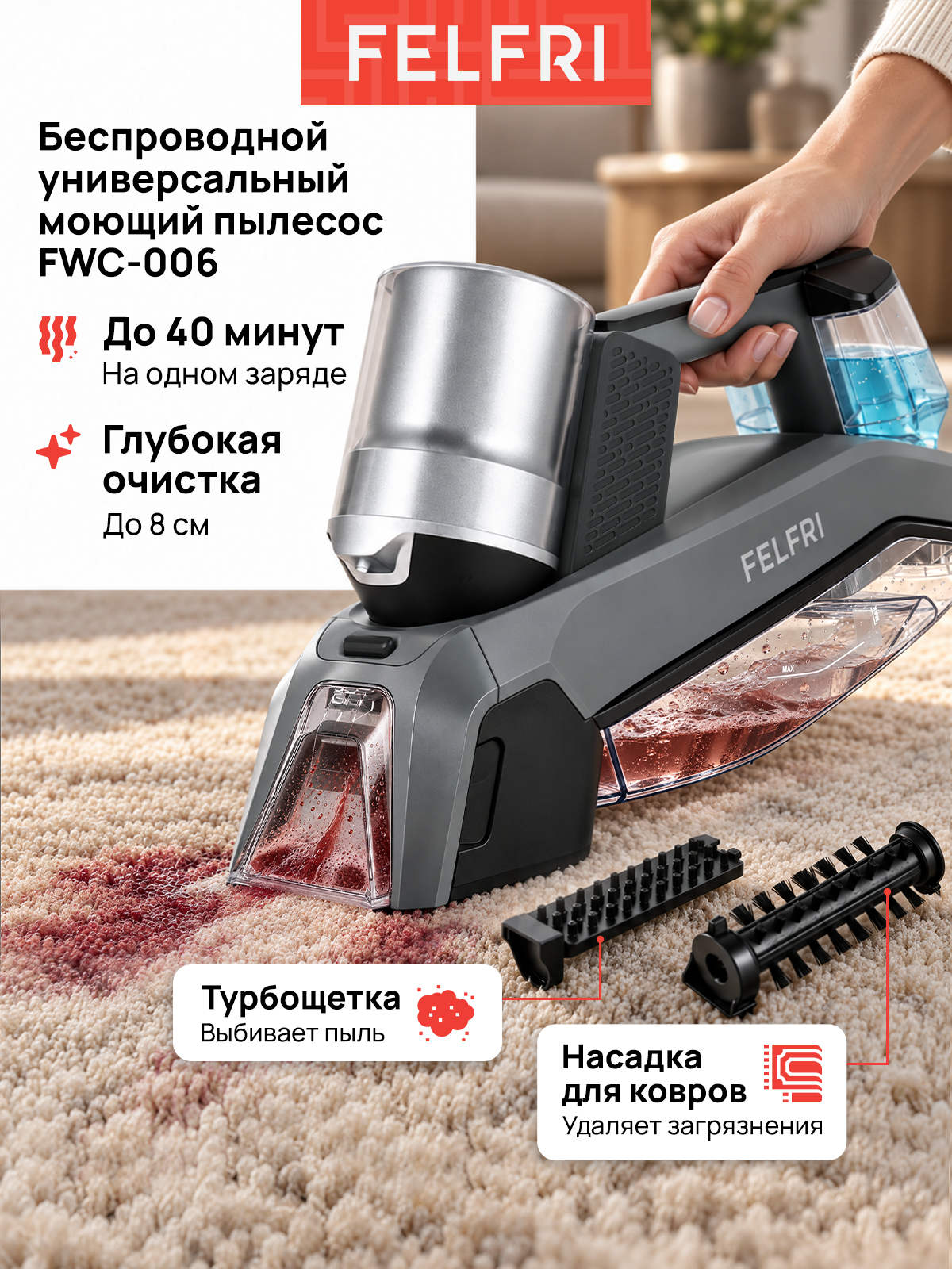 Пылесос FWVC-006, моющий, портативный, для мебели
