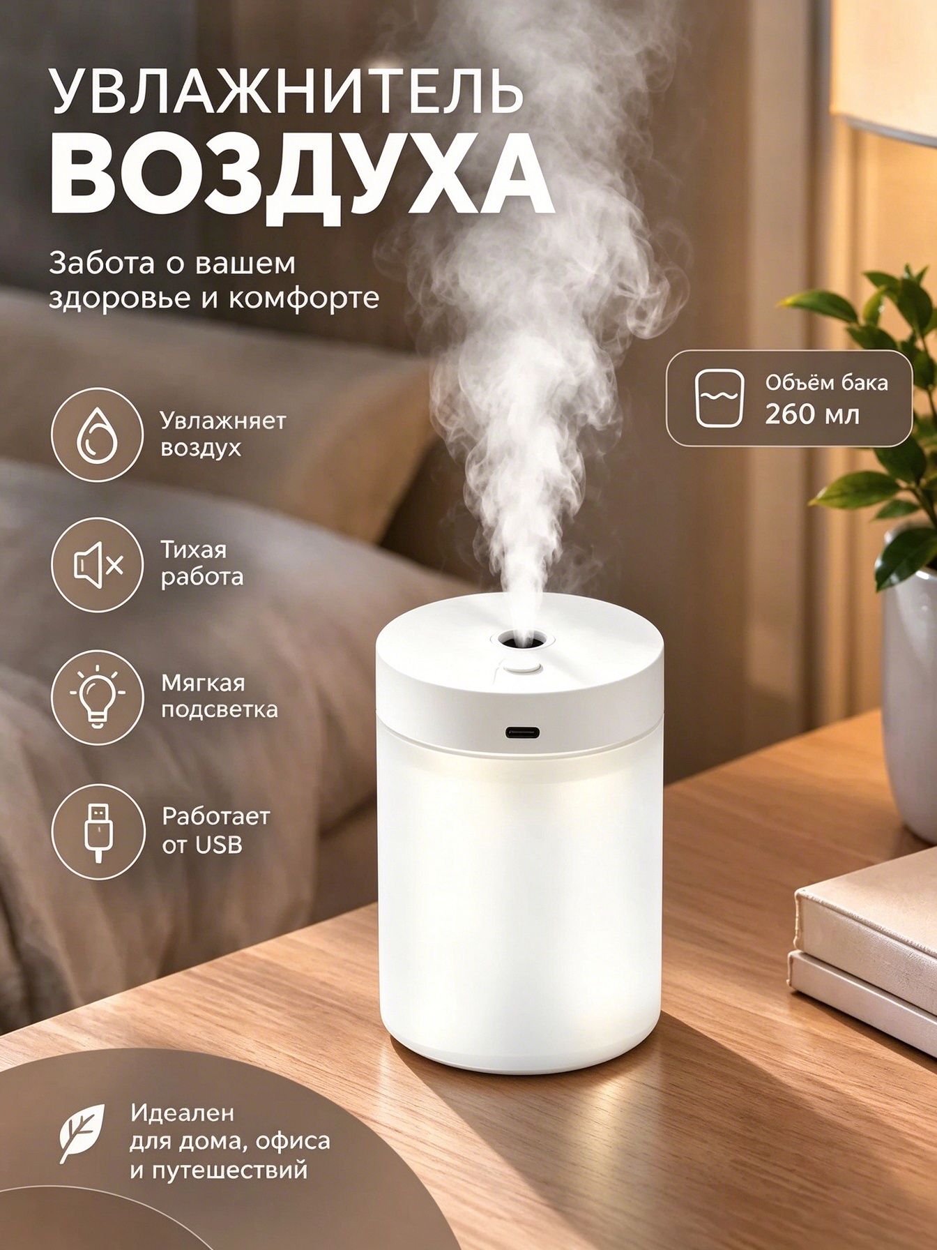 Увлажнитель воздуха настольный для спальни и офиса, компактный увлажнитель с бесшумной работой, современный дизайн для дома