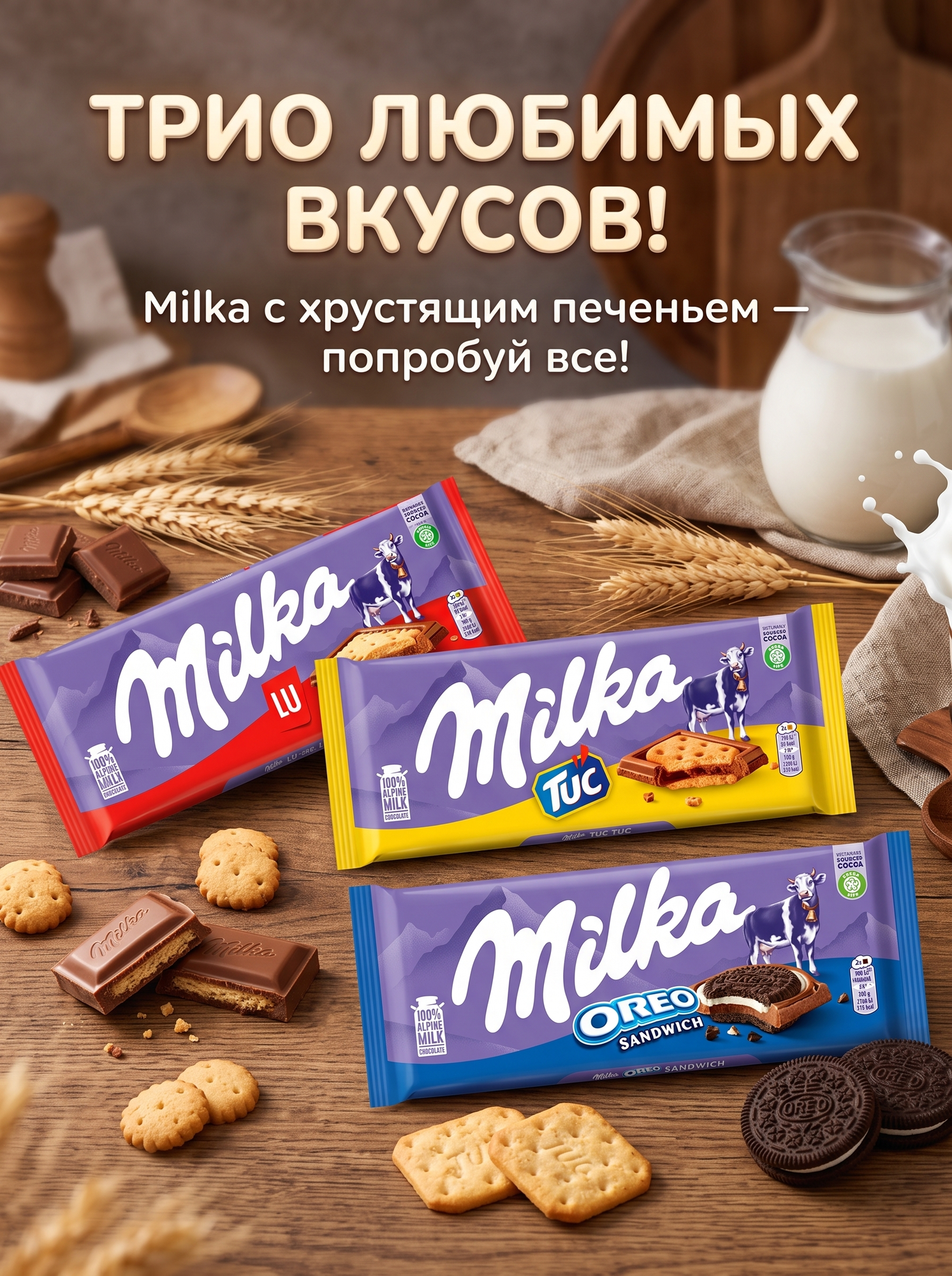 Шоколадная плитка Milka LU, TUC, Oreo Sendwich с печеньем, 3 шт (Германия)