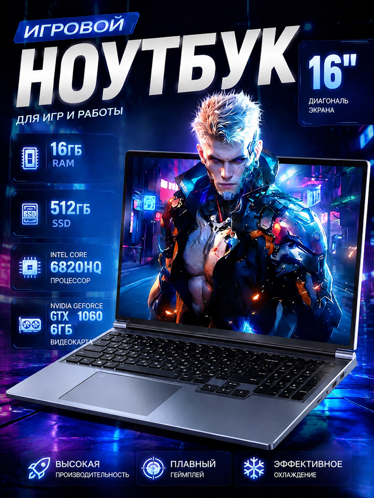 Ноутбук игровой 16", Intel core i7, NVIDIA GeForce GTX 1060(6ГБ),16ГБ RAM, SSD 512ГБ, Windows 11 Pro