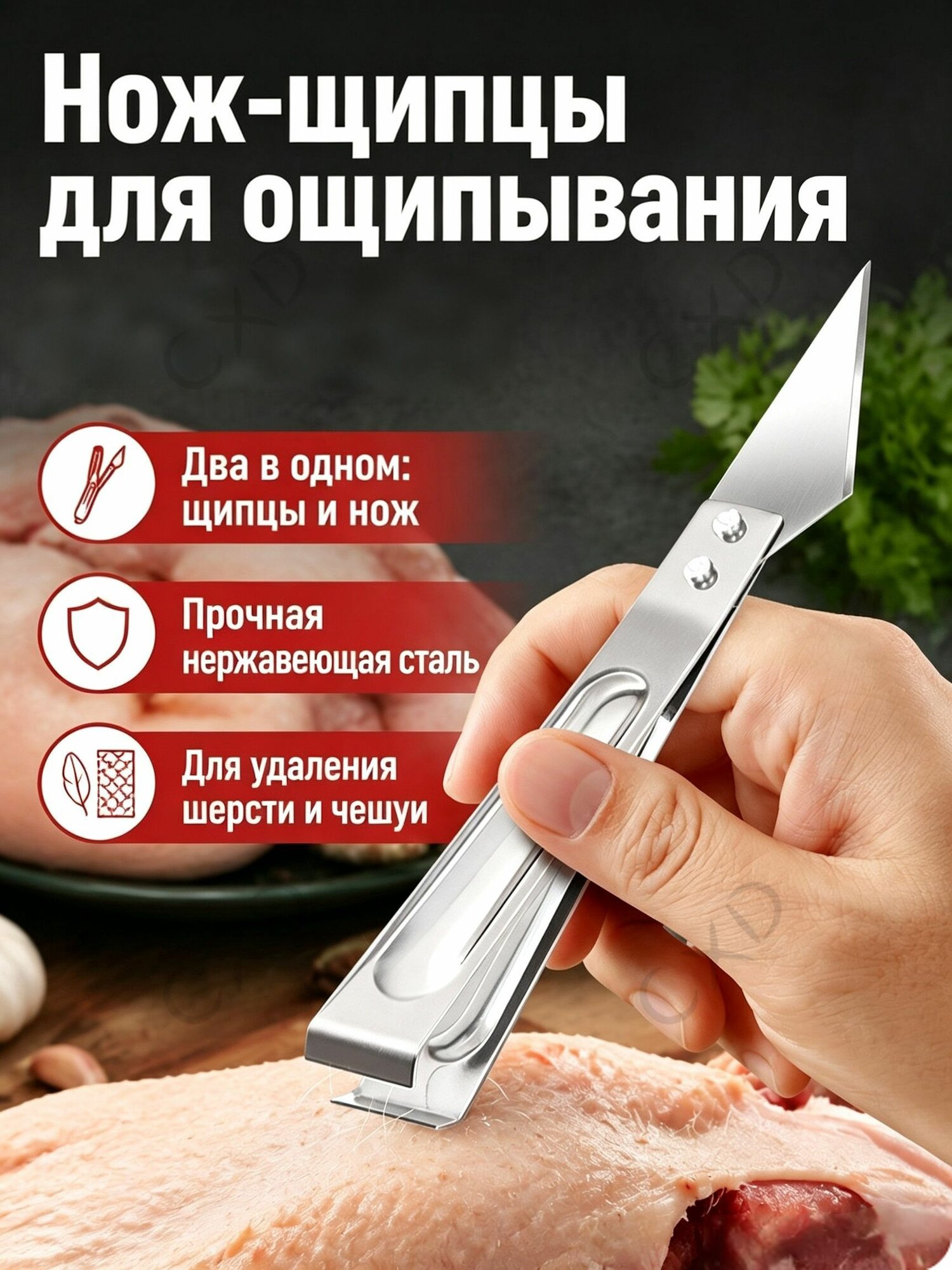 Инструменты для обработки птицы: пинцет для удаления перьев + нож для потрошения, нержавеющая сталь