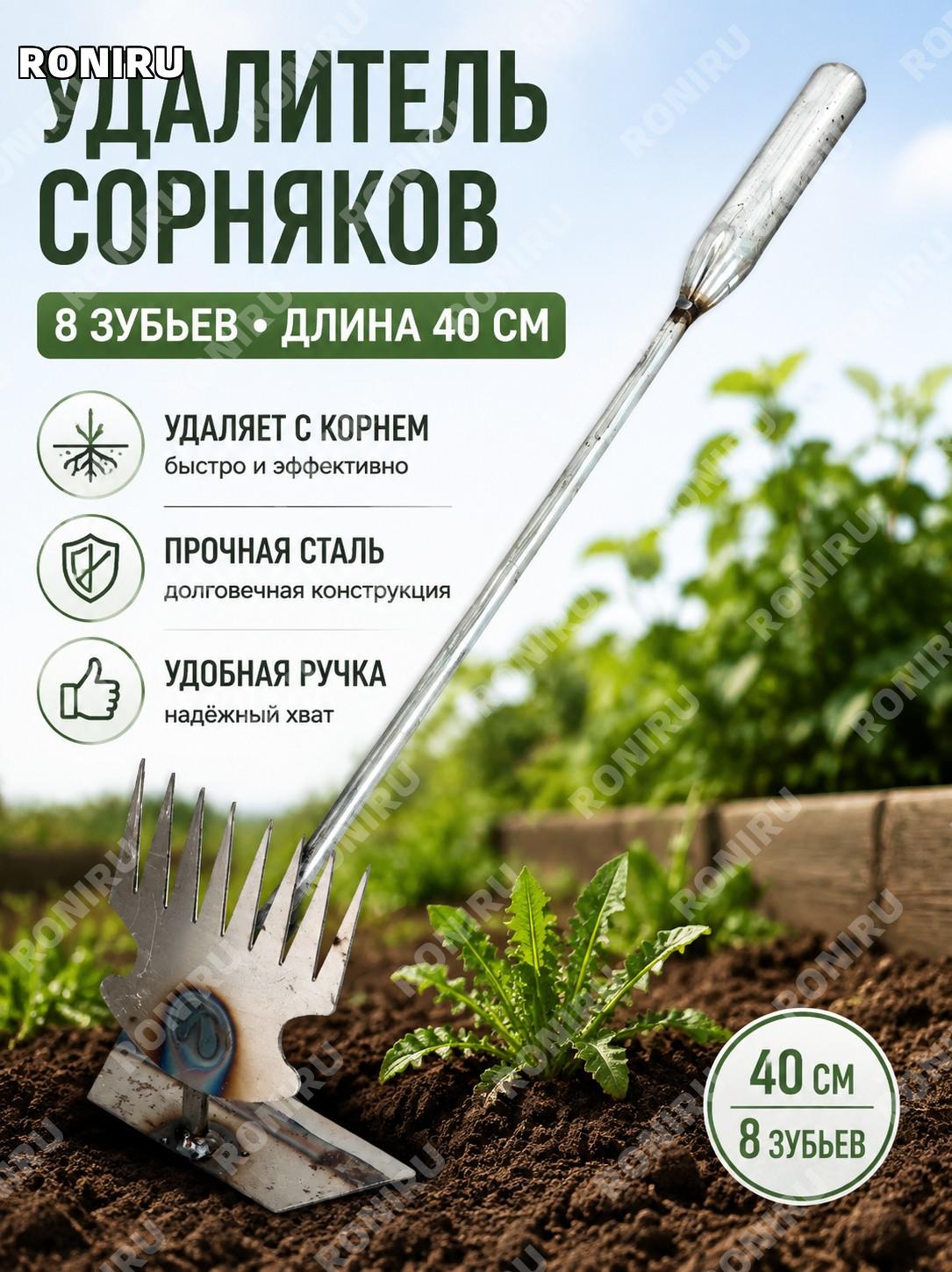 Ручной пропольник с граблями 40 см, восьмизубый двухсторонний рыхлитель для сада и огорода с оцинкованной ручкой