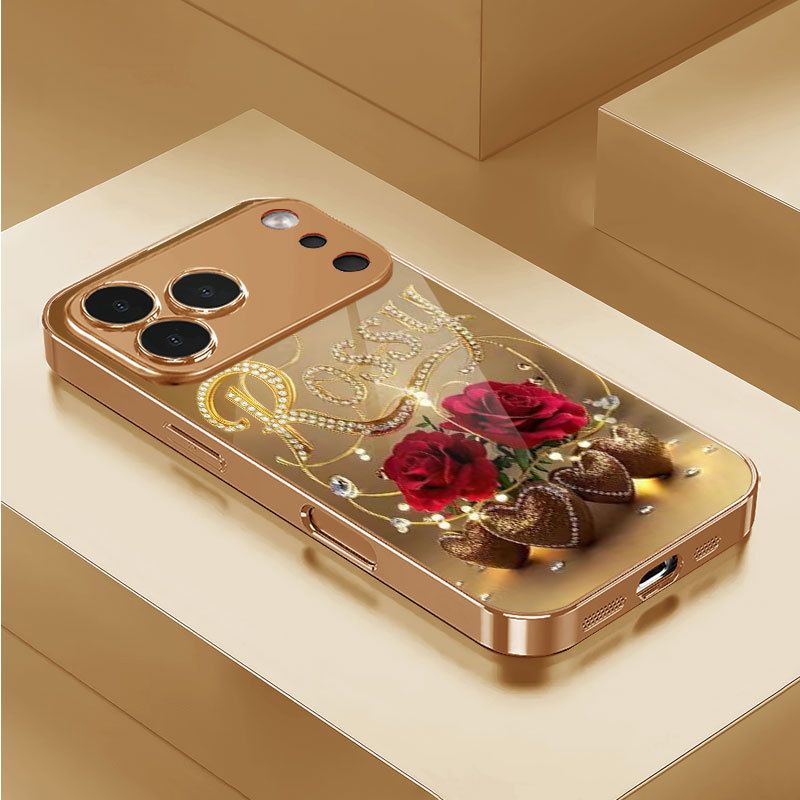Чехол для iPhone 13 Pro с гальваническим золотым покрытием и узором из бабочек, роз и сердечек
