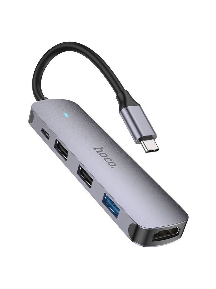 Адаптер-Хаб Hoco HB27 (Type-C to HDTV+USB3.0+USB2.0*2+PD), серый металлик